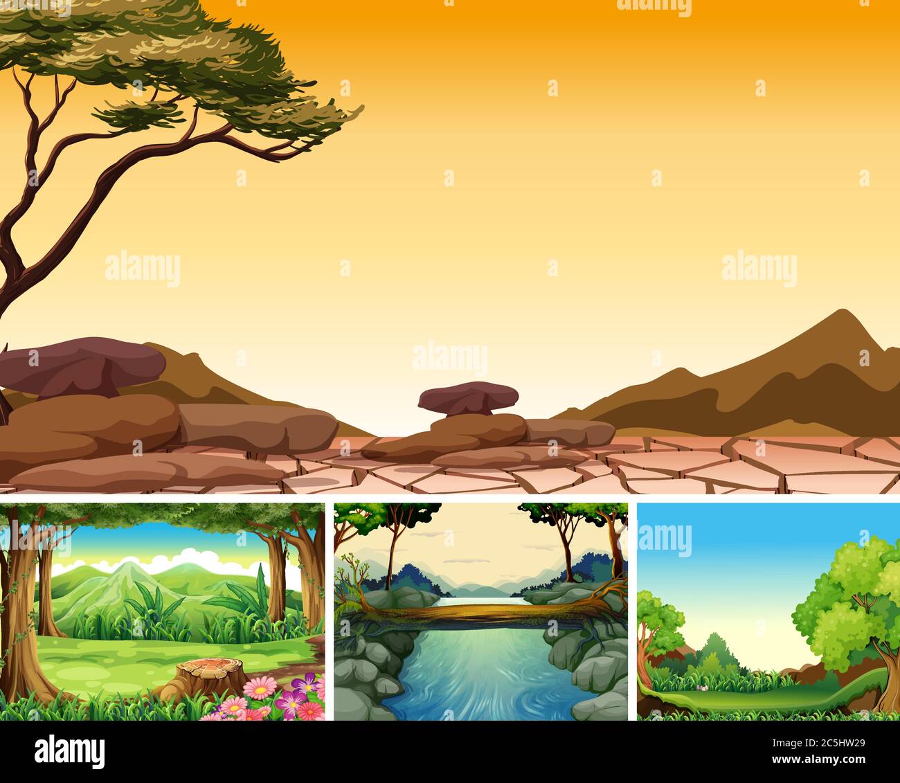 Four different nature disasters scene of forest cartoon style ...