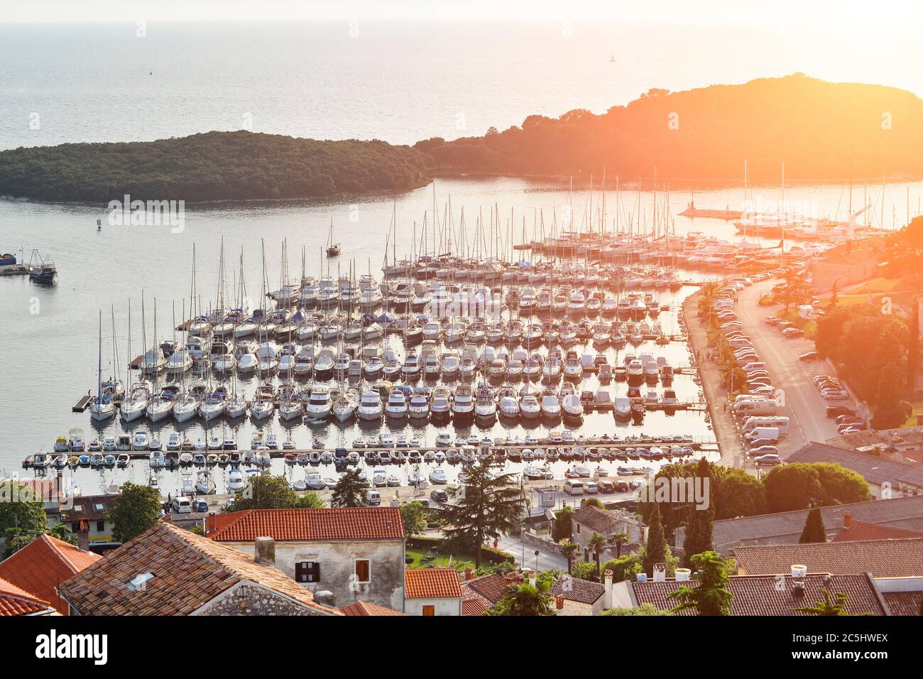 Vrsar, Croatia - May 22, 2018: Top view on yachtes, port, Adriatic sea ...