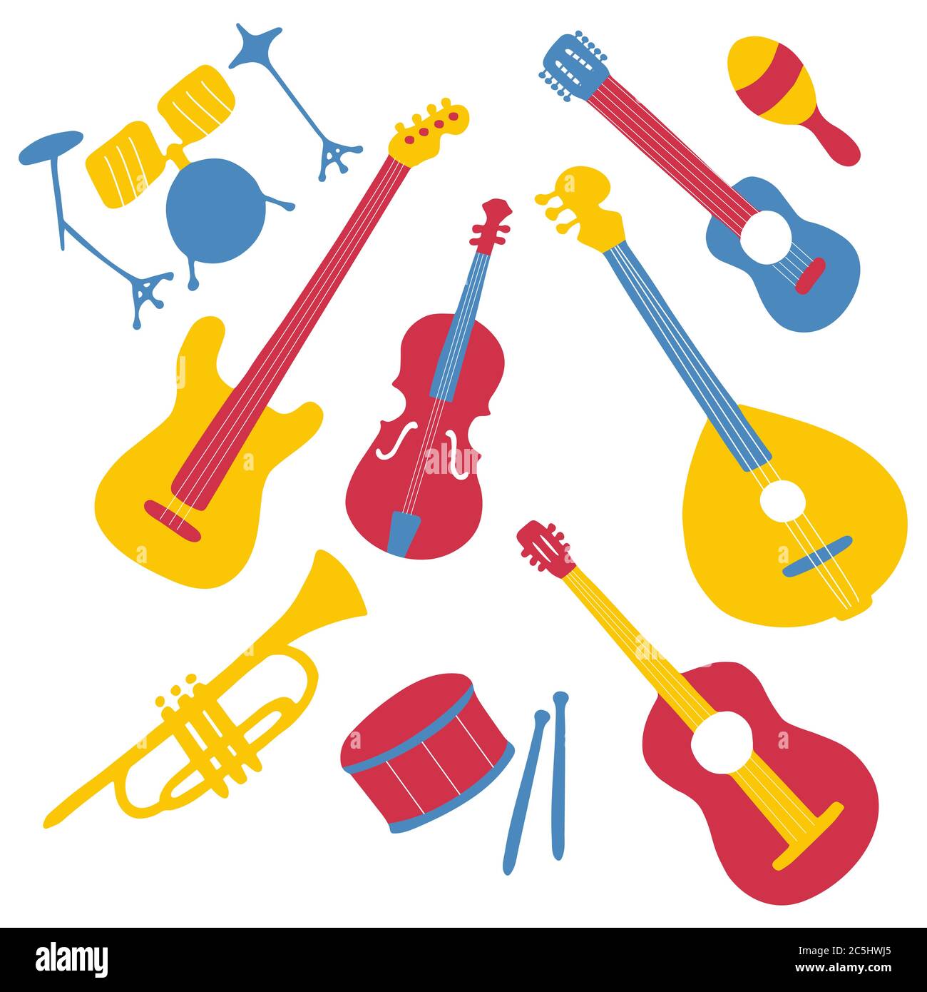 Hand-drawn musical instruments set. Doodle elements guitar, electric ...