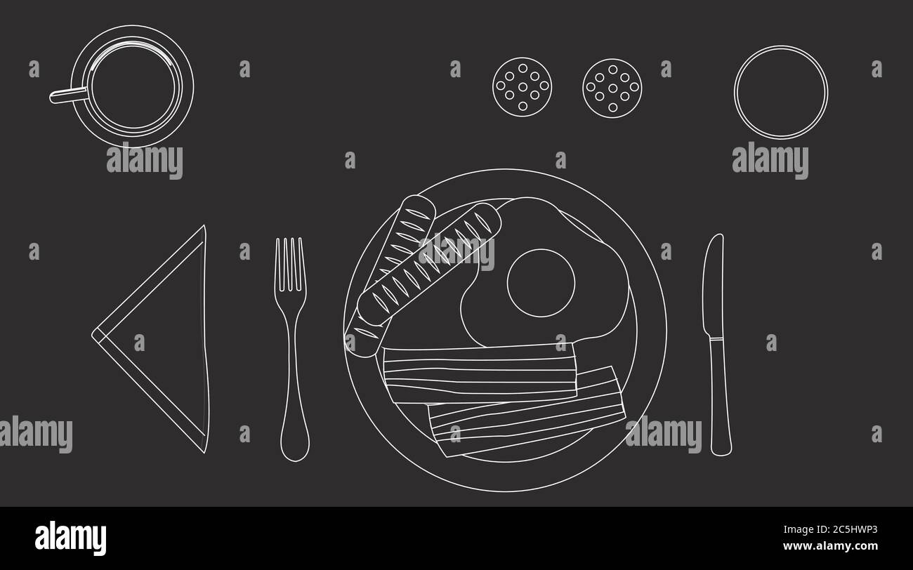 Vector Black and White Illustration of Breakfast, with fried egg ...