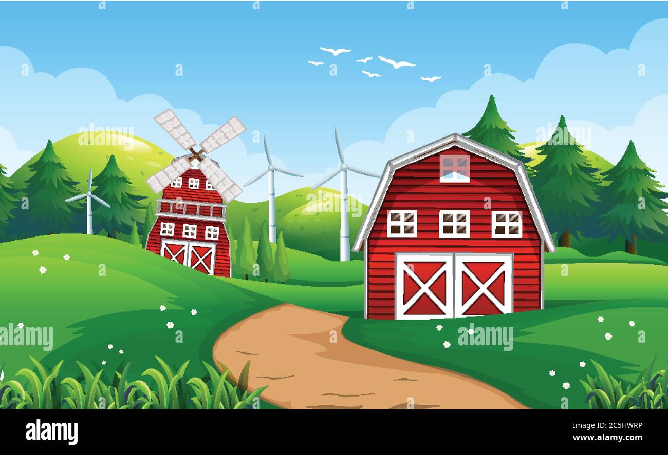 Farm scene in nature with barn and windmill illustration Stock Vector ...