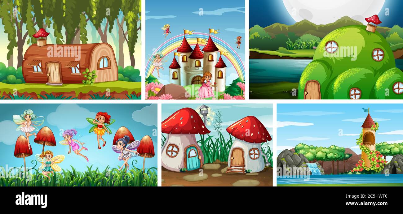 Six different scene of fantasy world with fairies in fairy tale and ...
