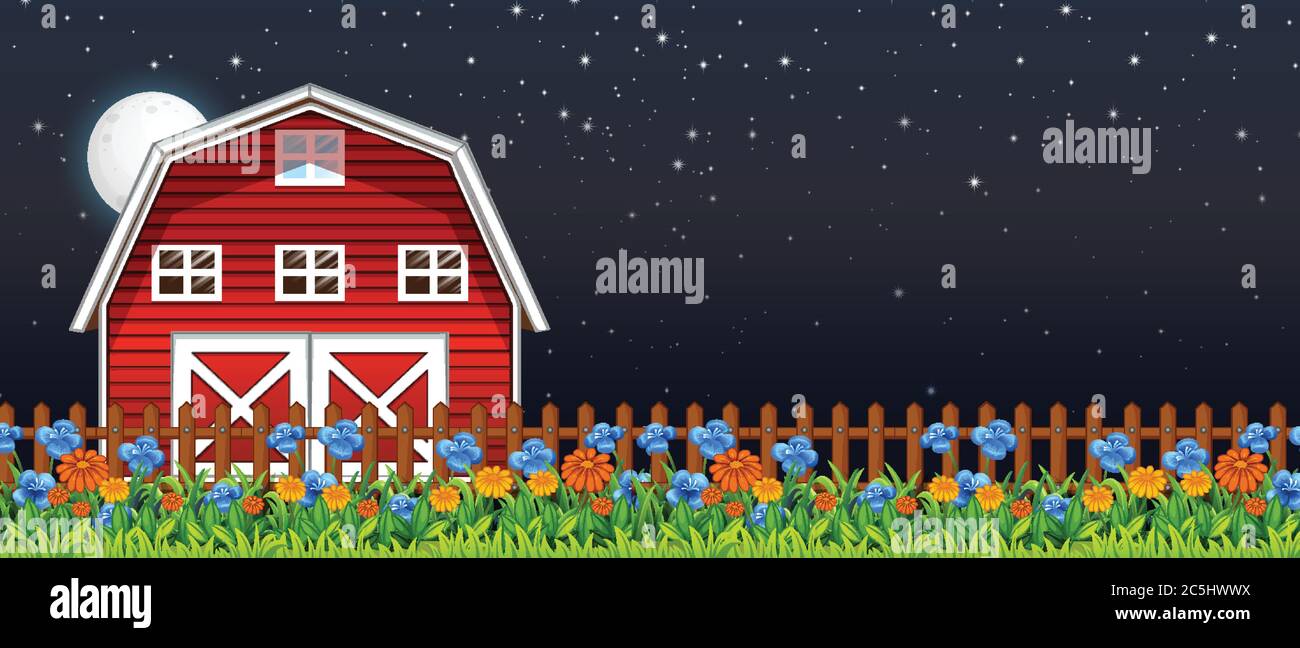 Farm scene with barn and flowers at night illustration Stock Vector ...