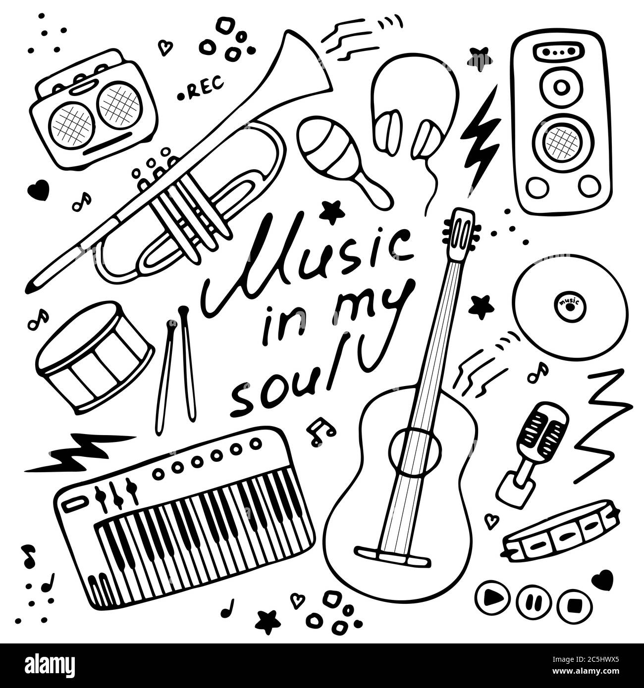 Collection of hand-drawn icons. Musical theme. Icons of musical ...