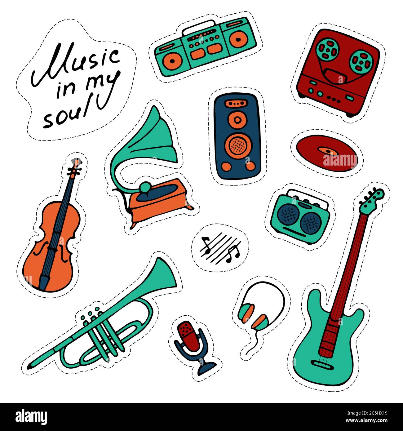 Musical sticker pack. Hand-drawn musical icons. Print icons and digital ...