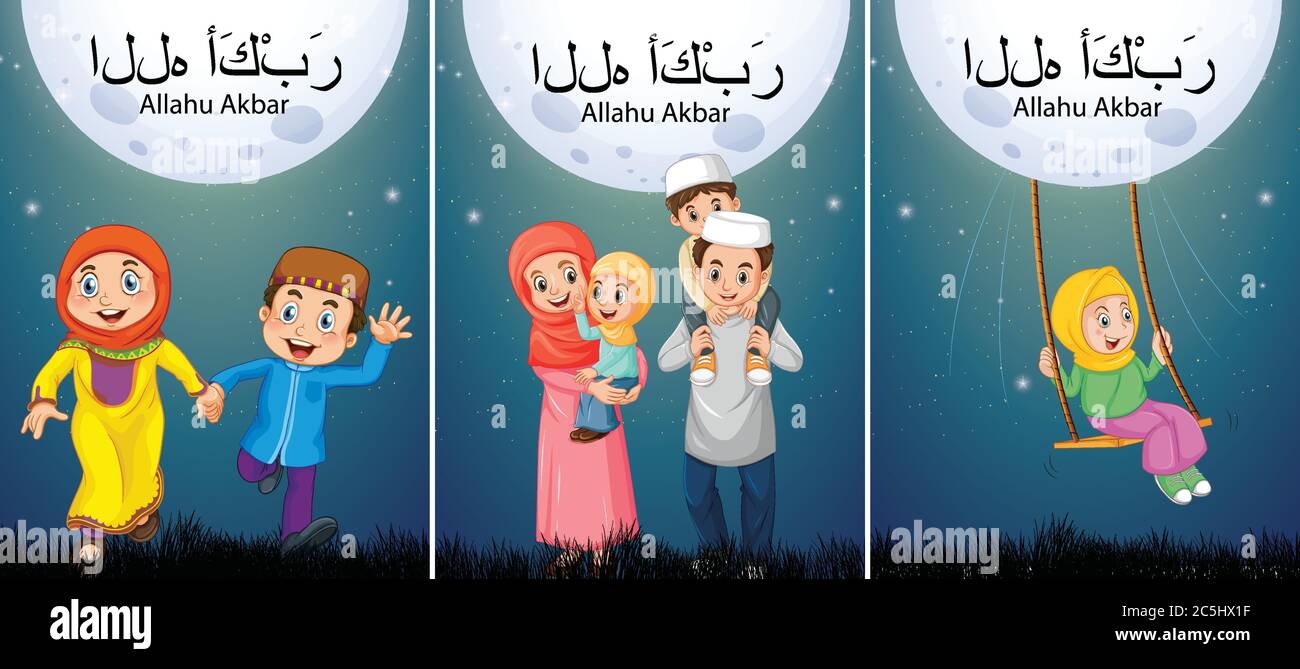 Arab muslim family in traditional clothing with allahu akbar ...