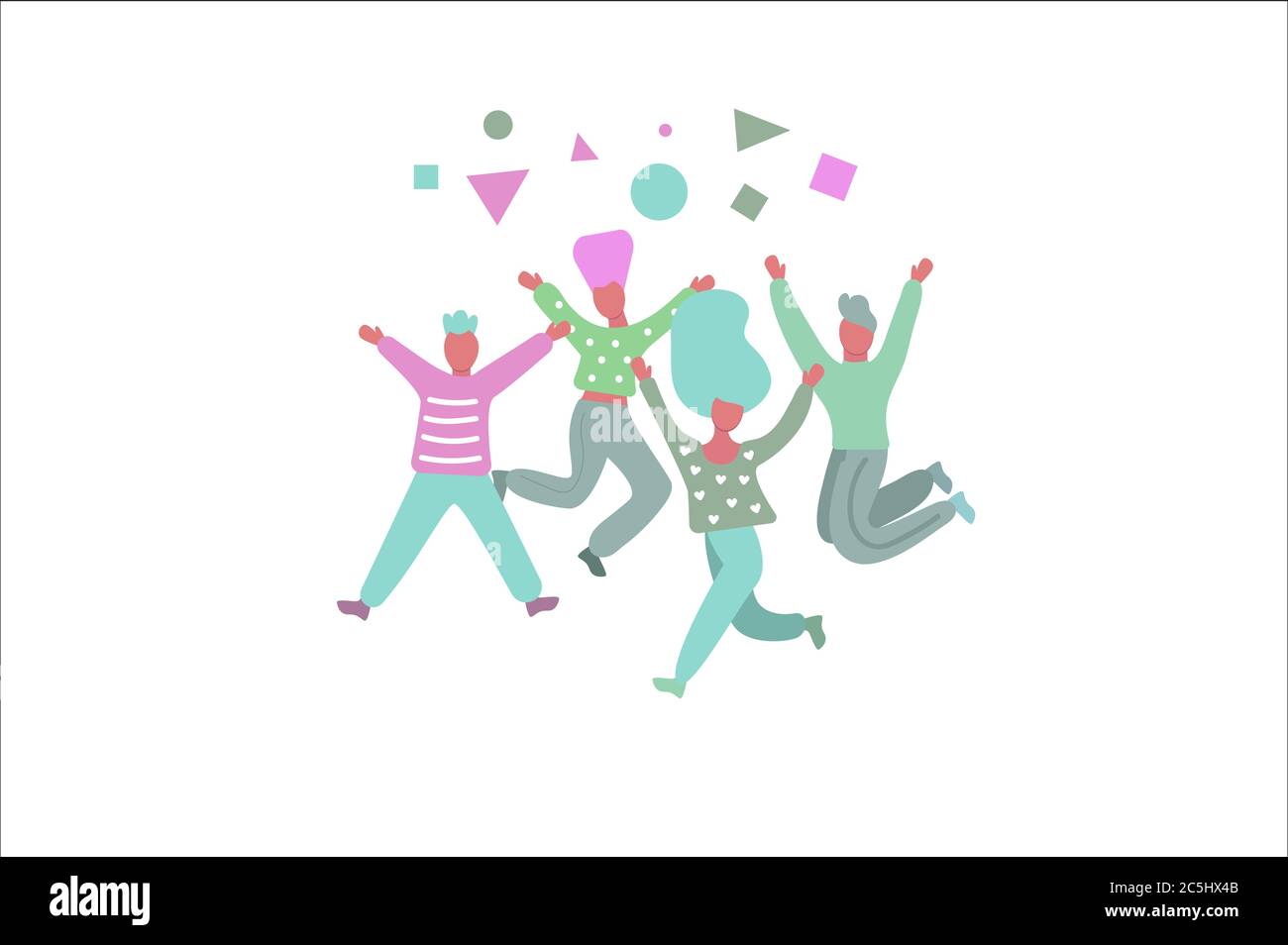 Friends jumping, doodles cartoon characters girls and boys are happy ...