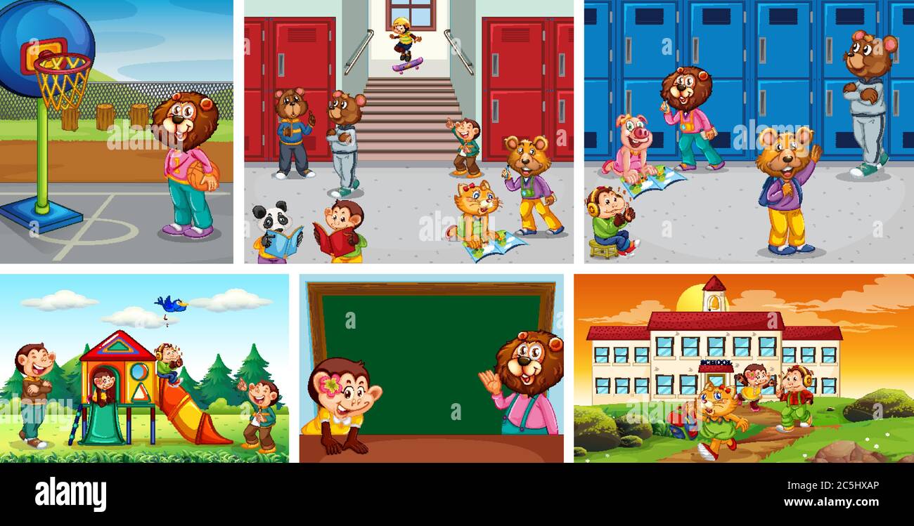 Set of animal student at school background illustration Stock Vector ...