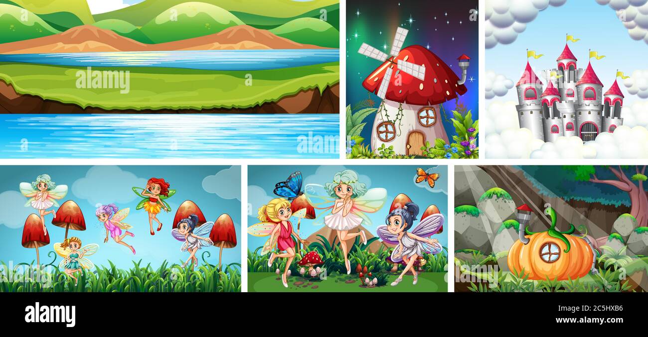 Six different scene of fantasy world with fairies in fairy tale and ...