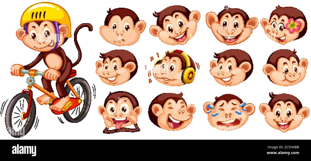 Set of monkeys with different facial expressions illustration Stock ...
