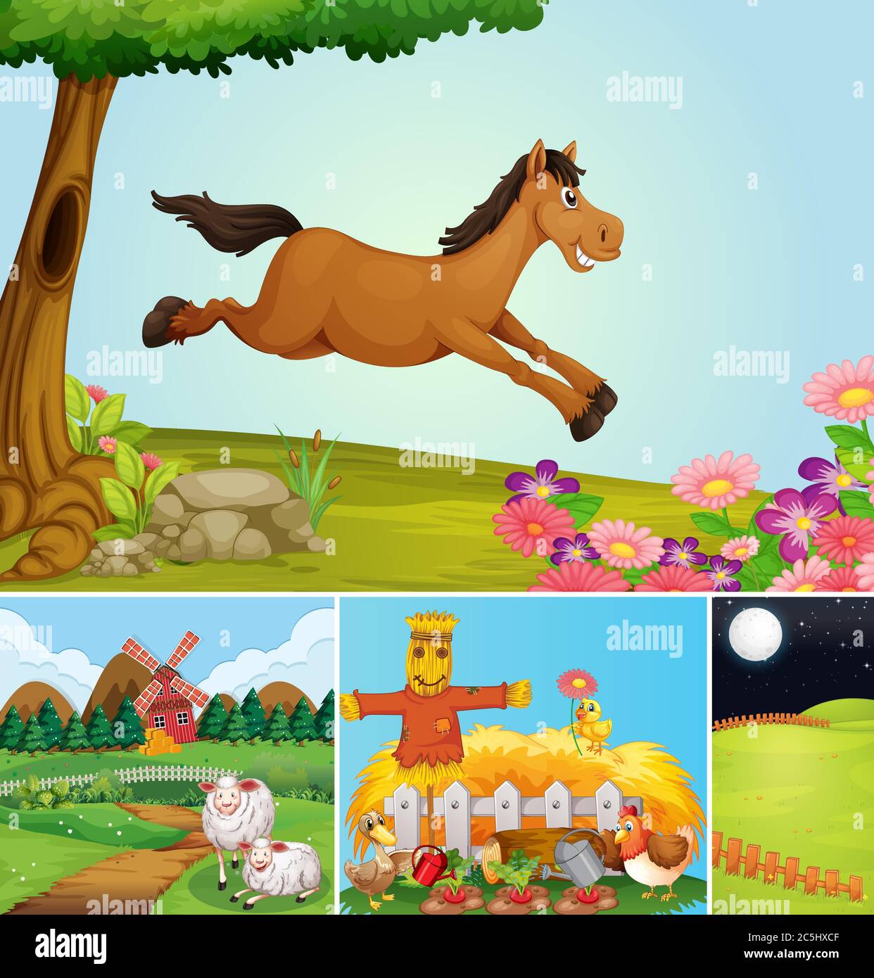 Set of different farm scenes with animal farm cartoon style ...