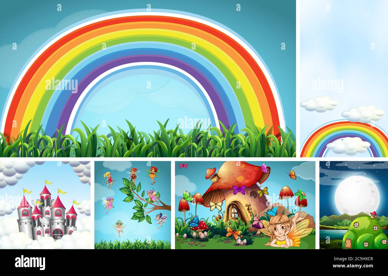 Six different scene of fantasy world with beautiful fairies in the ...