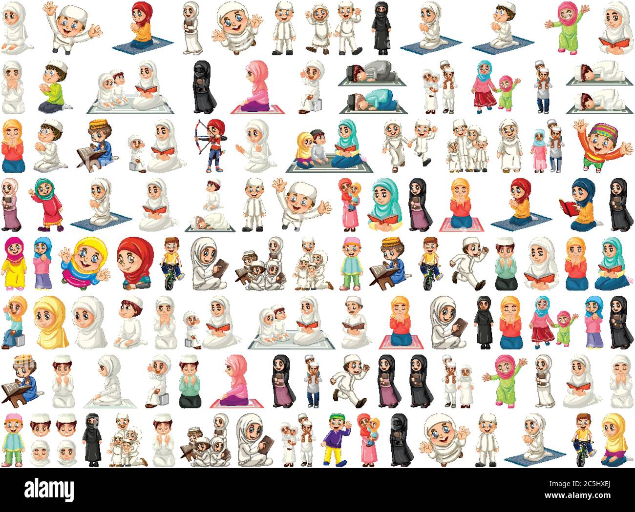 Set of different muslim people cartoon character isolated on white ...