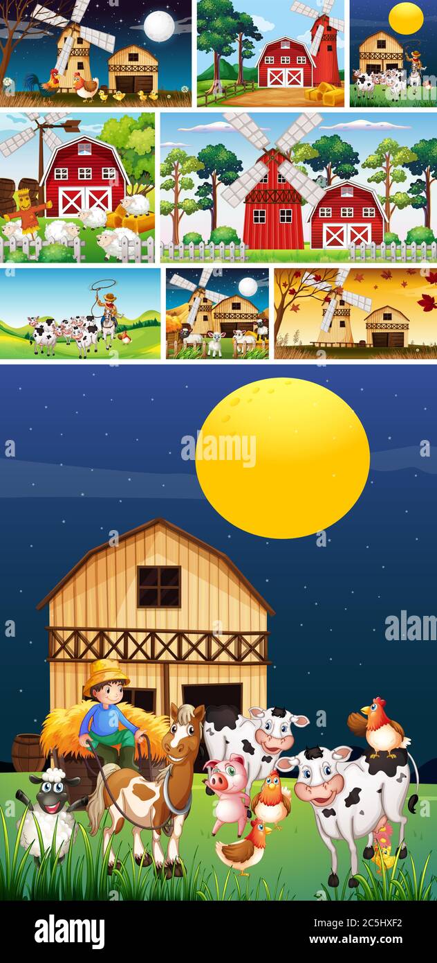 Set of different farm scenes with animal farm cartoon style ...
