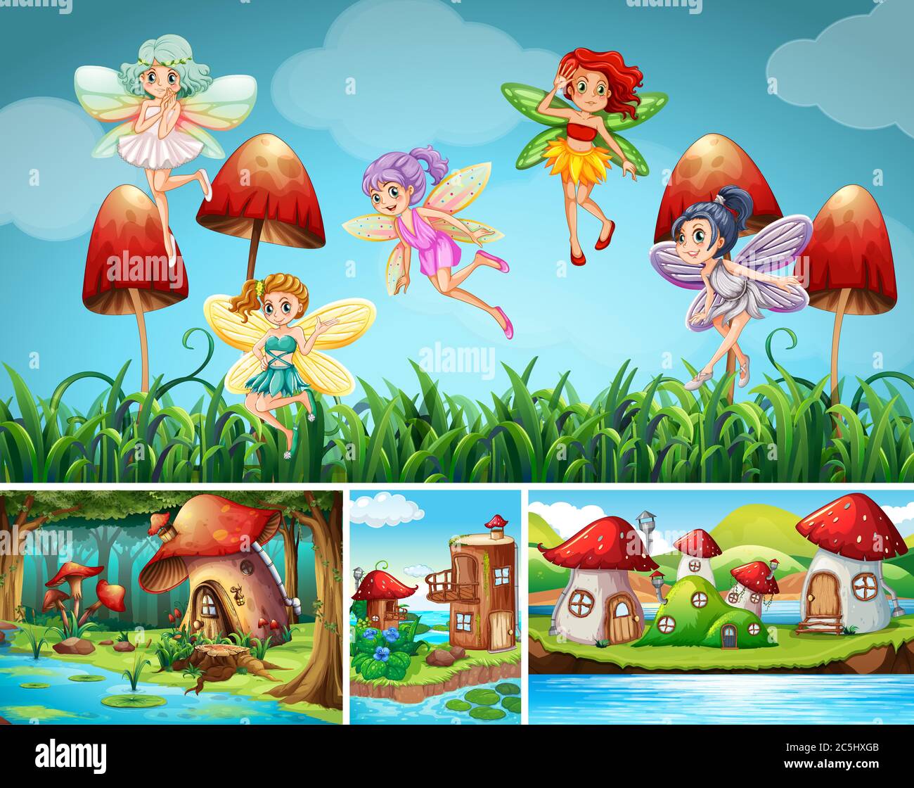 Four different scene of fantasy world with beautiful fairies in the ...