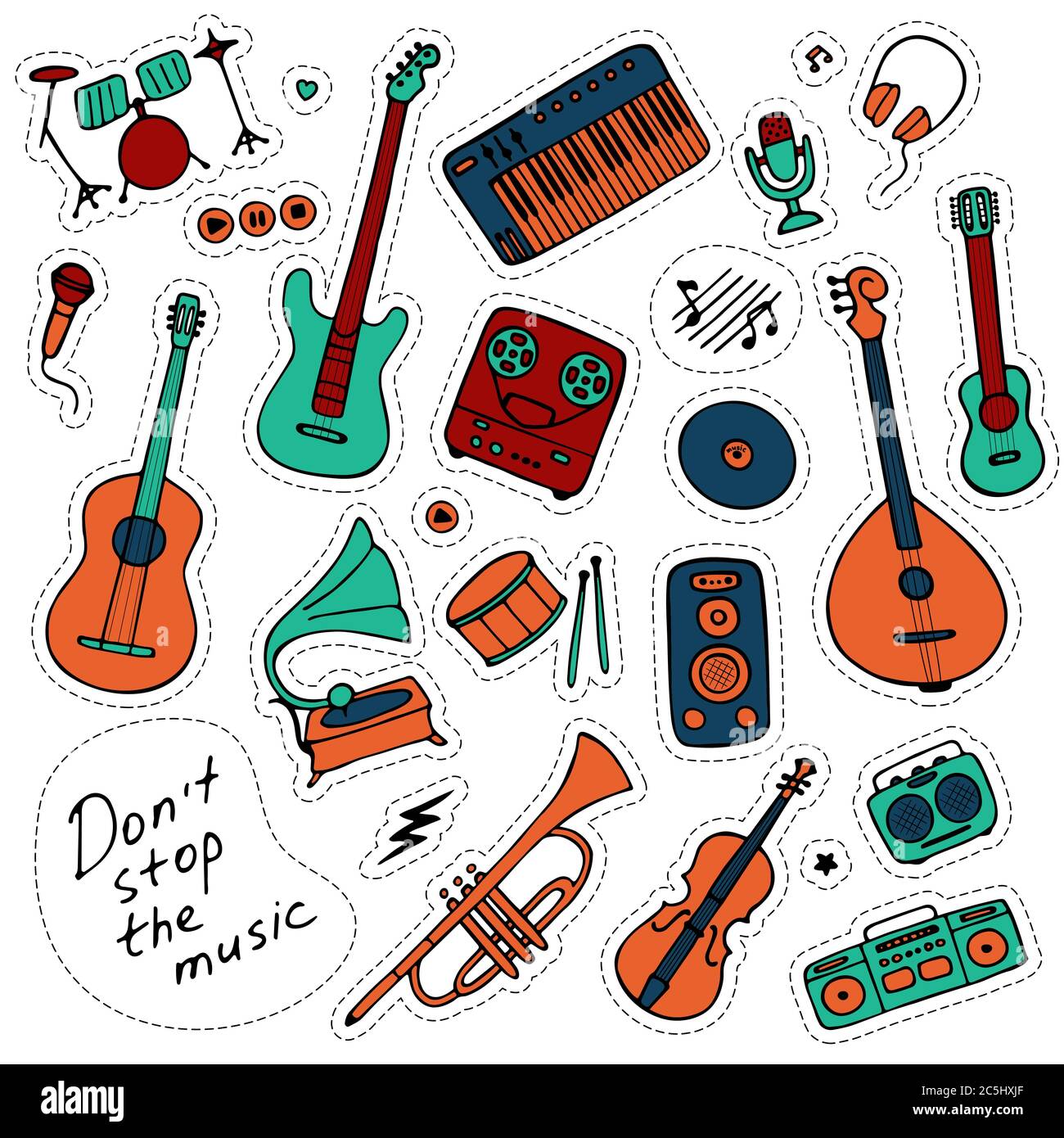 Musical sticker pack. Hand-drawn musical icons. Print icons and digital ...