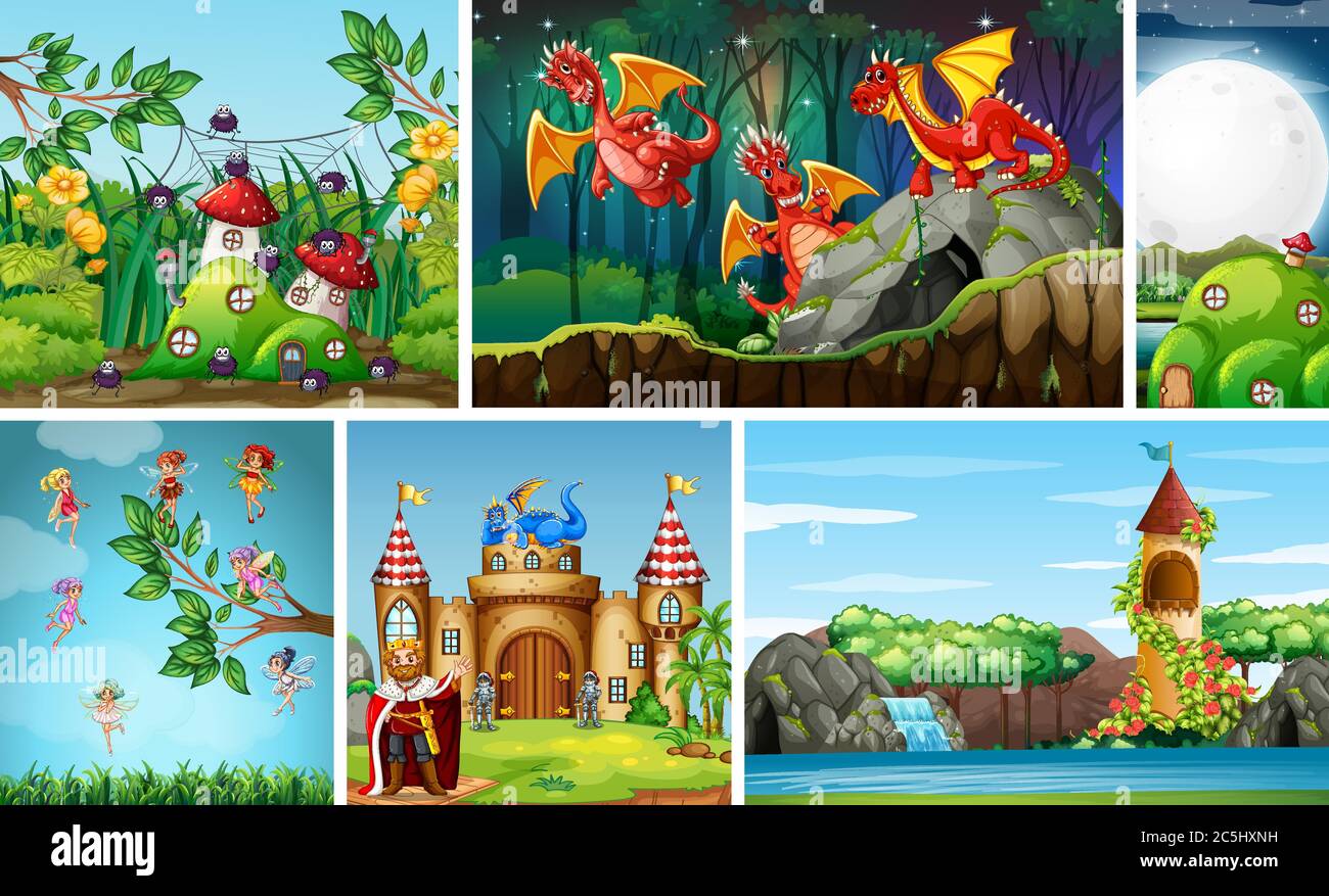 Six different scene of fantasy world with fantasy cartoon character ...