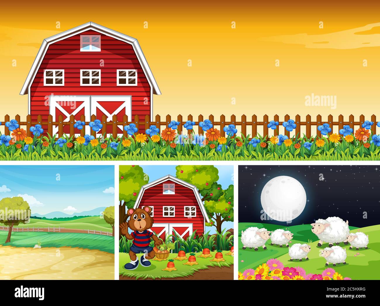 Set of different farm scenes with animal farm cartoon style ...