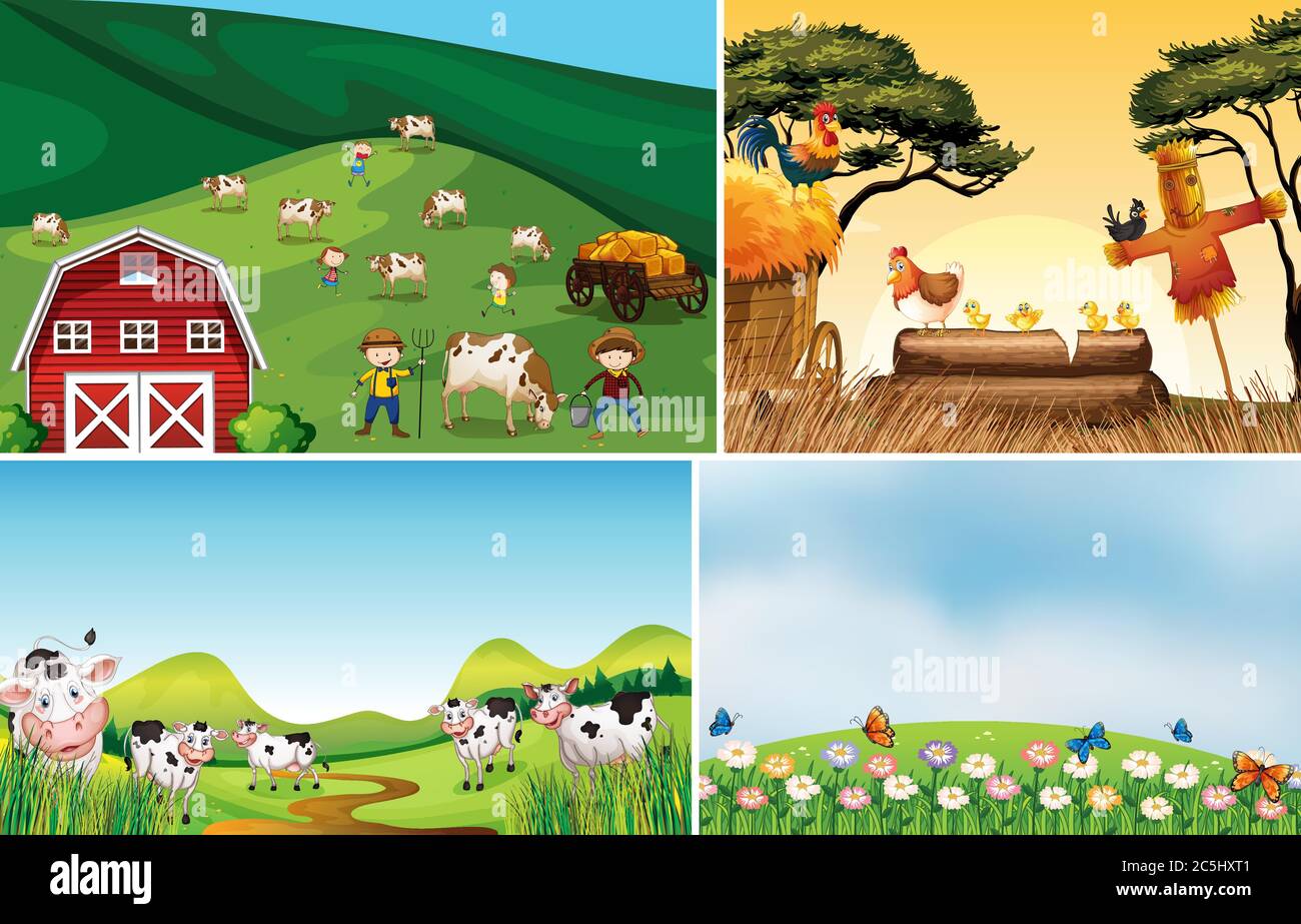 Set of different farm scenes with animal farm cartoon style ...