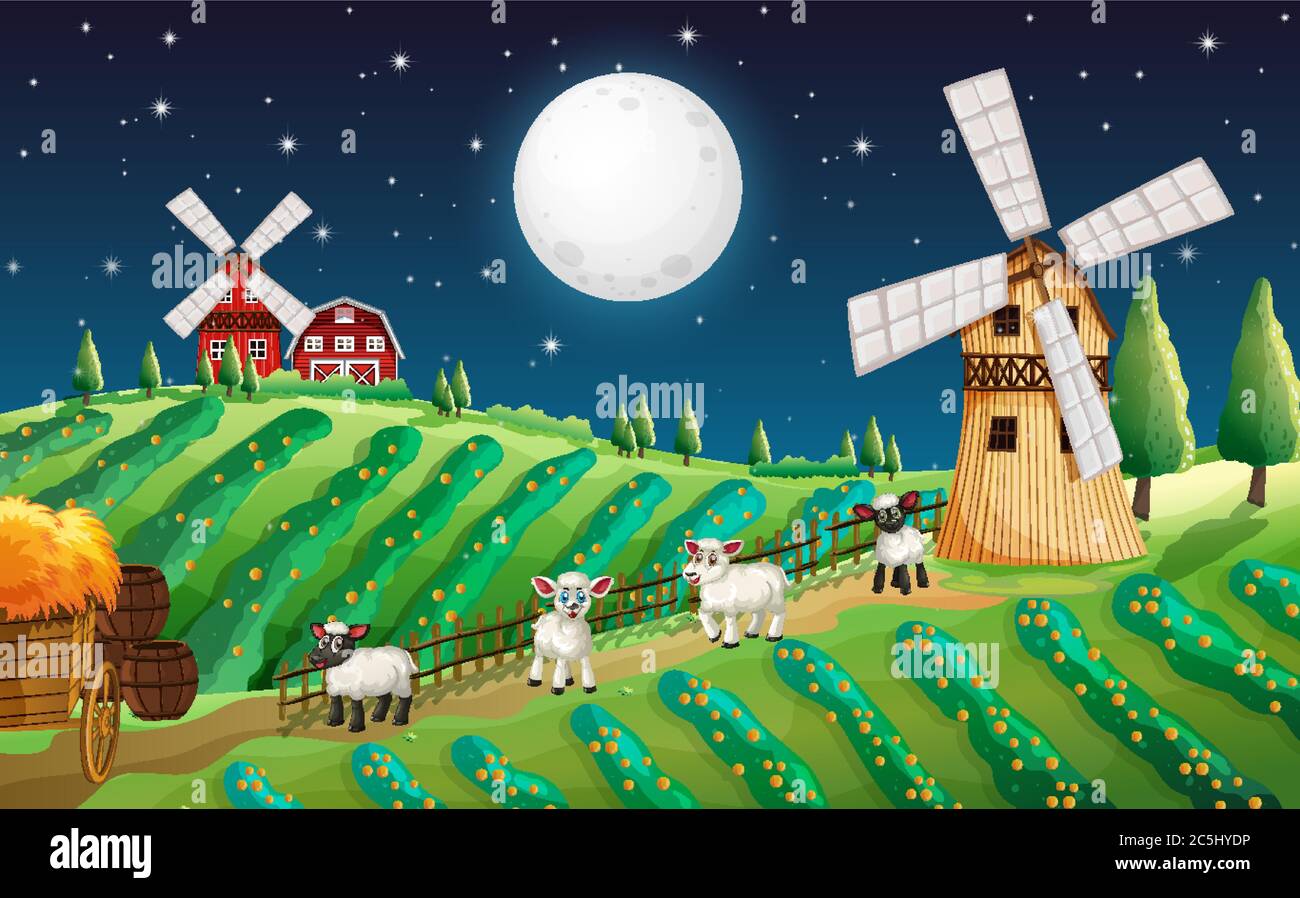 Farm scene with cute sheep and mill at night illustration Stock Vector ...