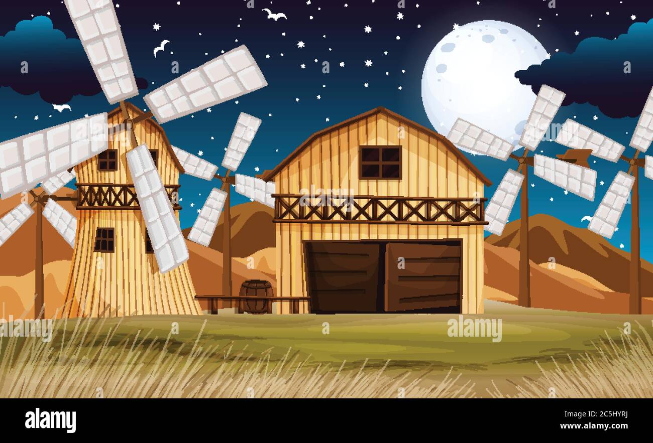Farm scene with barn and mill at night illustration Stock Vector Image ...