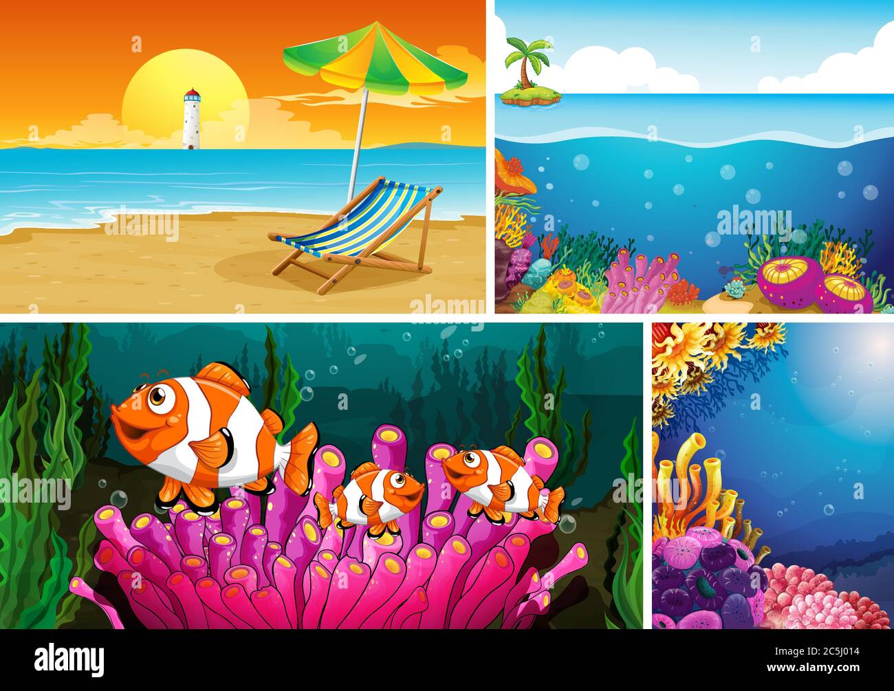 Four different scene of tropical beach and underwater with sea creater ...