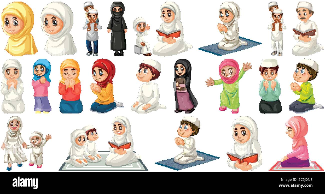 Set of different muslim people cartoon character isolated on white ...