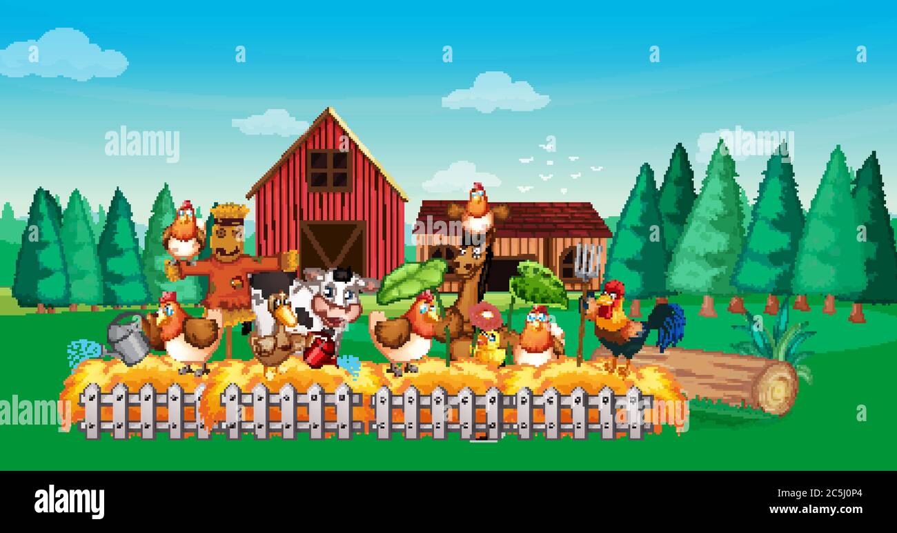 Farm scene with animal farm cartoon style illustration Stock Vector ...