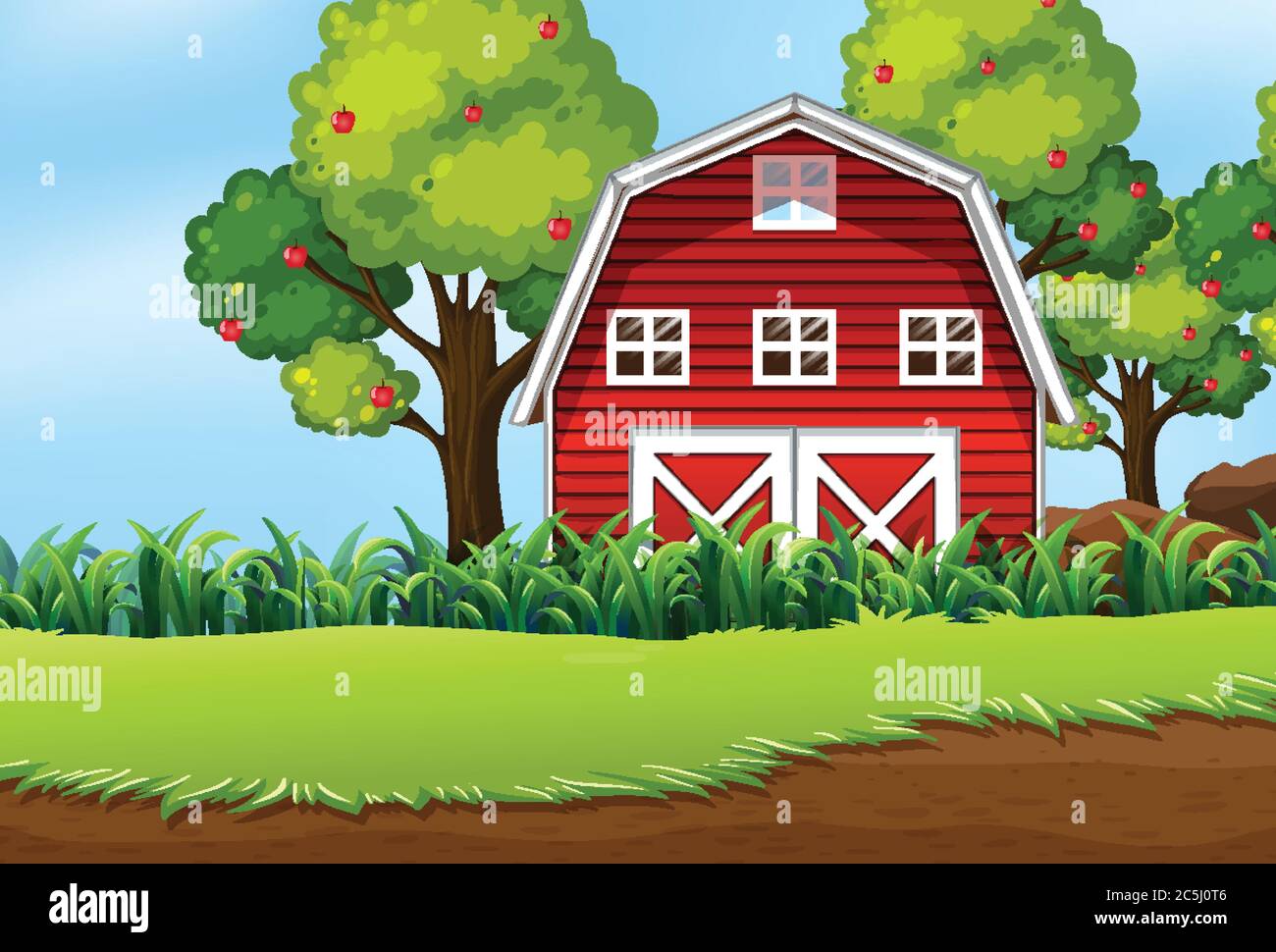 Farm in nature scene with barn and apple tree illustration Stock Vector ...