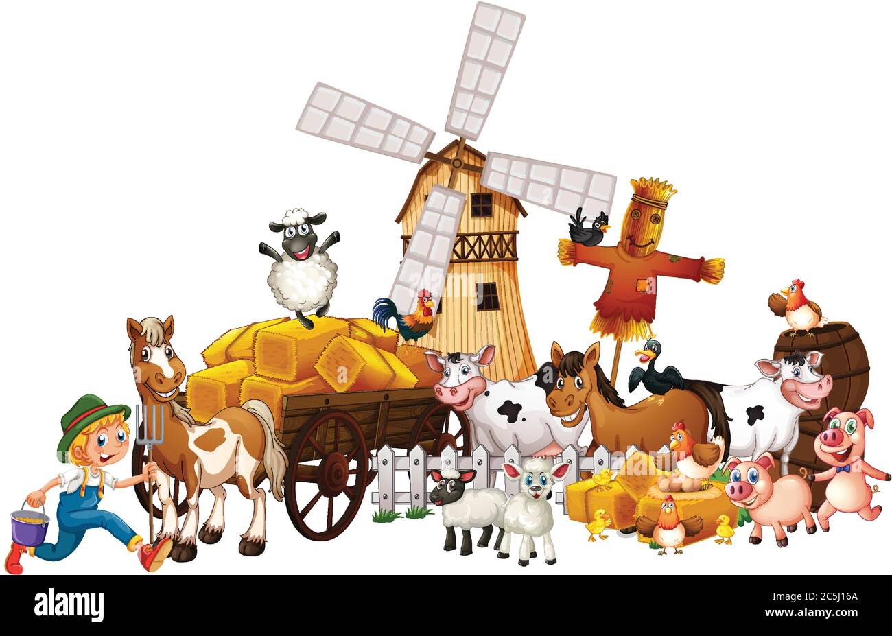 Animal farm with windmill cartoon style isolated illustration Stock ...