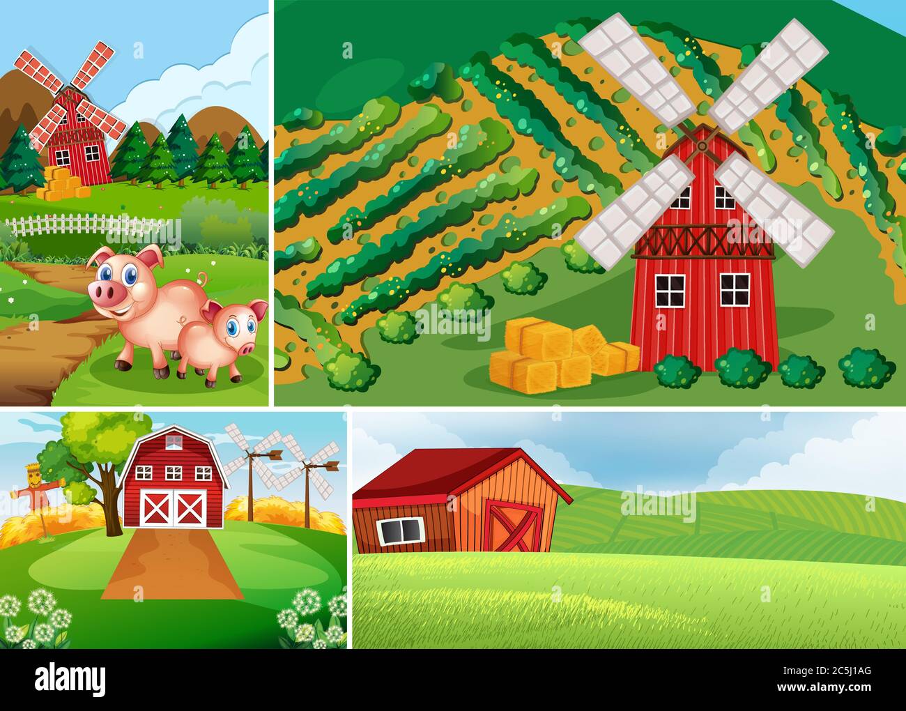 Set of different farm scenes with animal farm cartoon style ...
