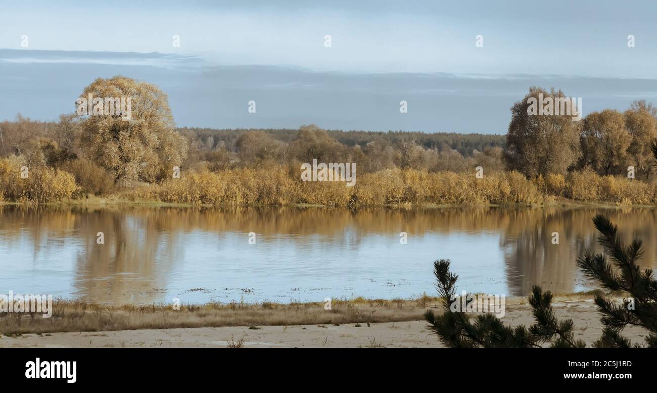 Autumn landscape : a small calm river, on the Bank of which trees and ...
