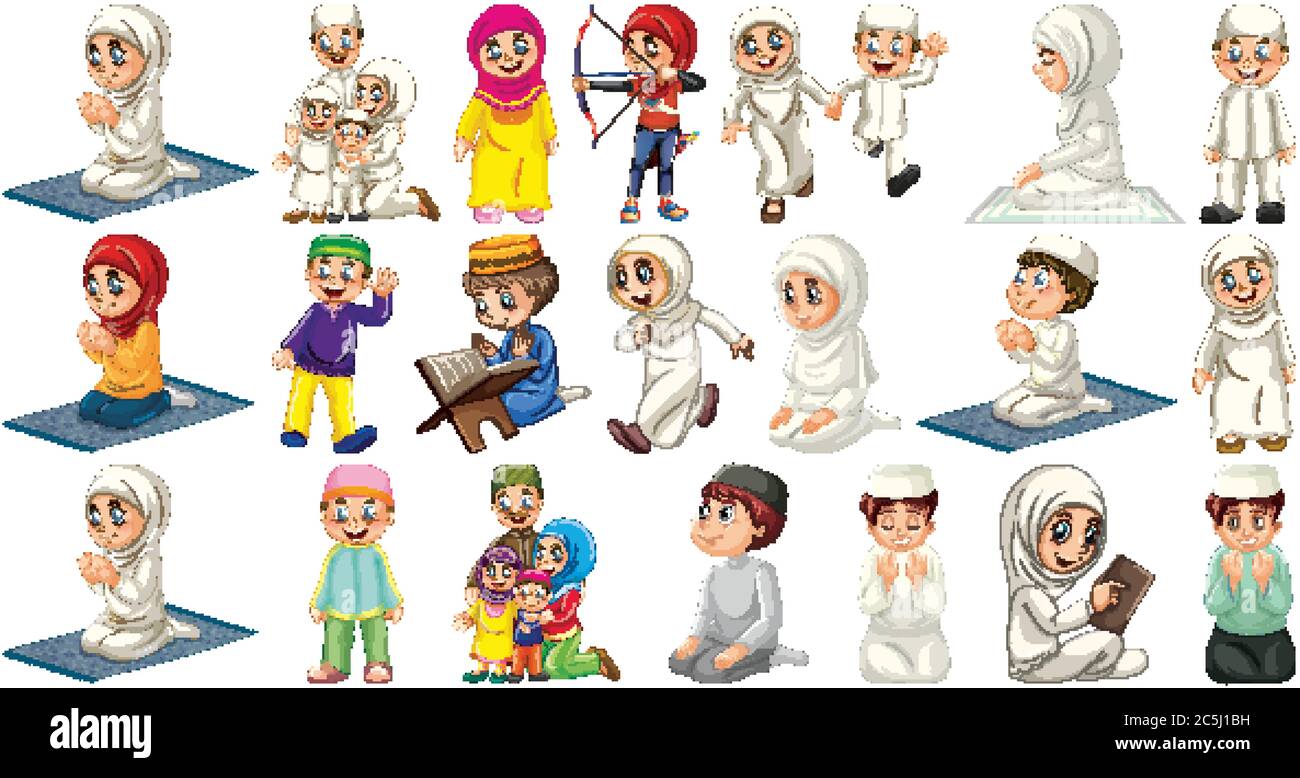 Set of different muslim people cartoon character isolated on white ...