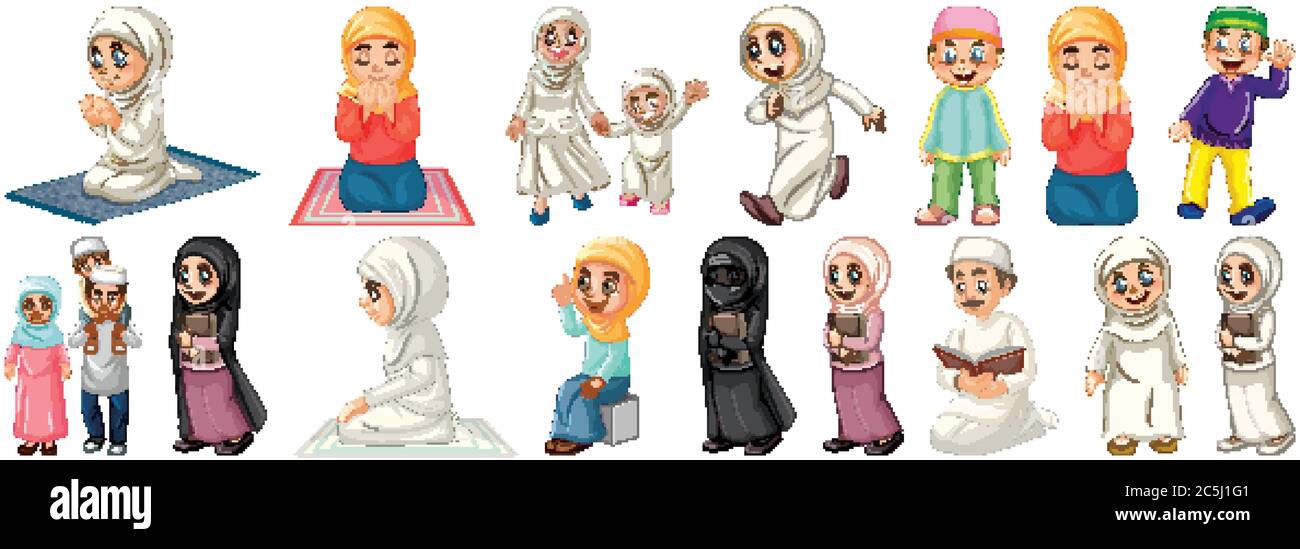 Set of different muslim people cartoon character isolated on white ...