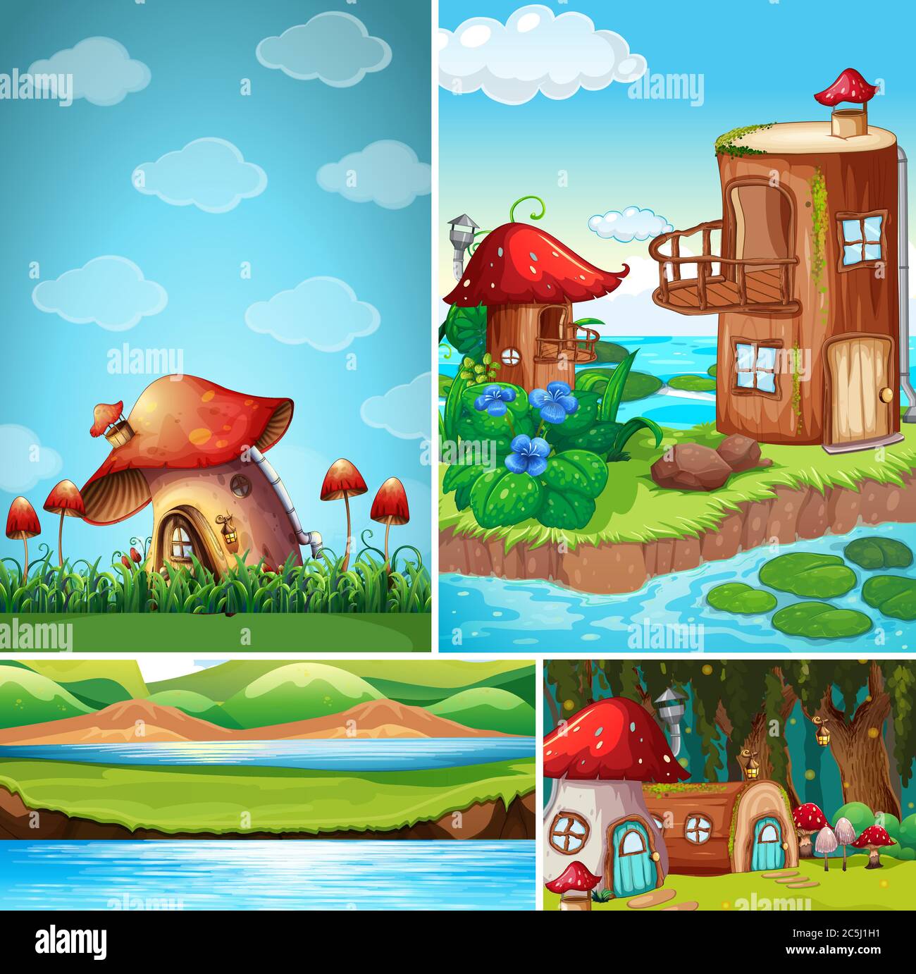Four different scene of fantasy world with fantasy house in the fairy ...