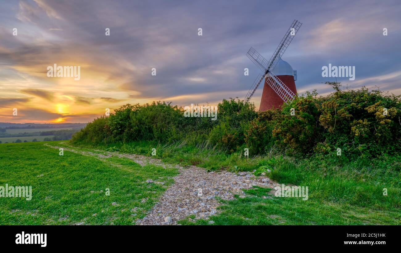 Halnaker, UK - May 18, 2020: Halnaker windmill, recently restored, in a ...