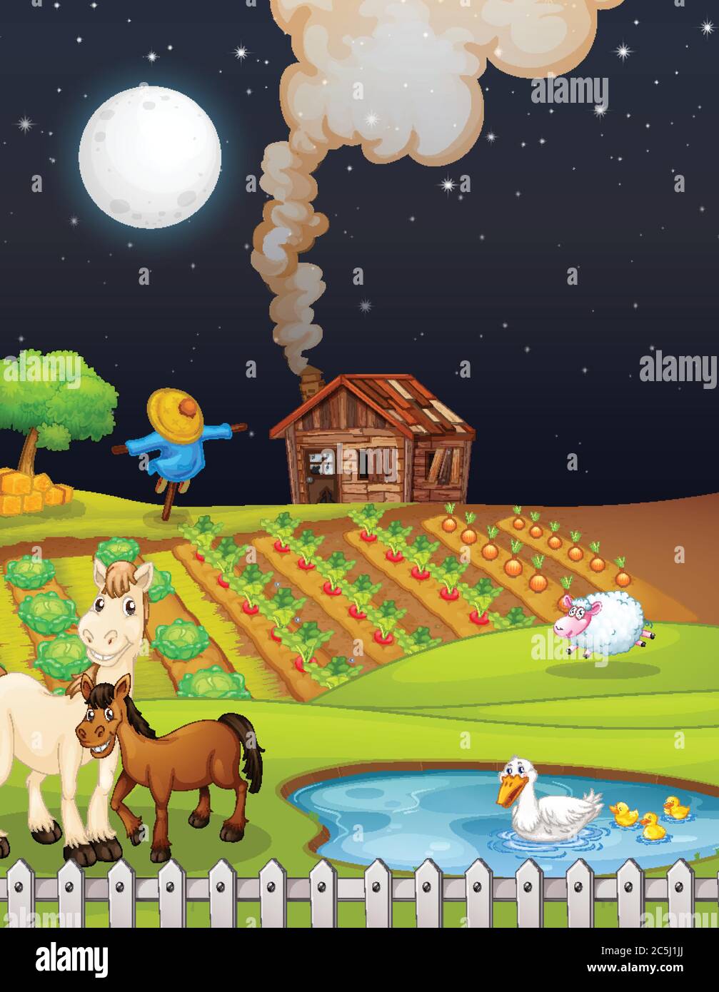 Farm scene with barn and horse at night illustration Stock Vector Image ...