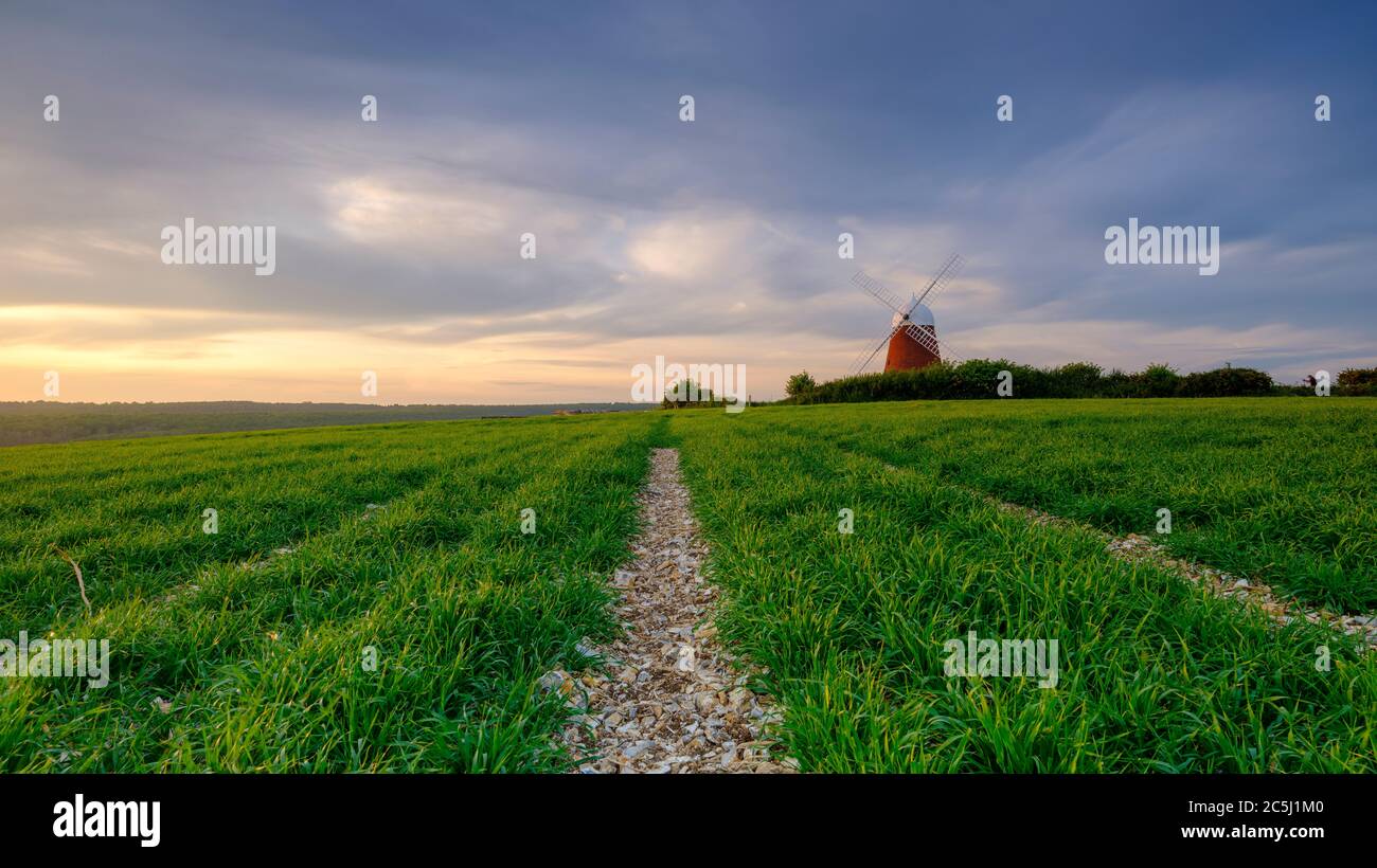Halnaker, UK - May 18, 2020: Halnaker windmill, recently restored, in a ...