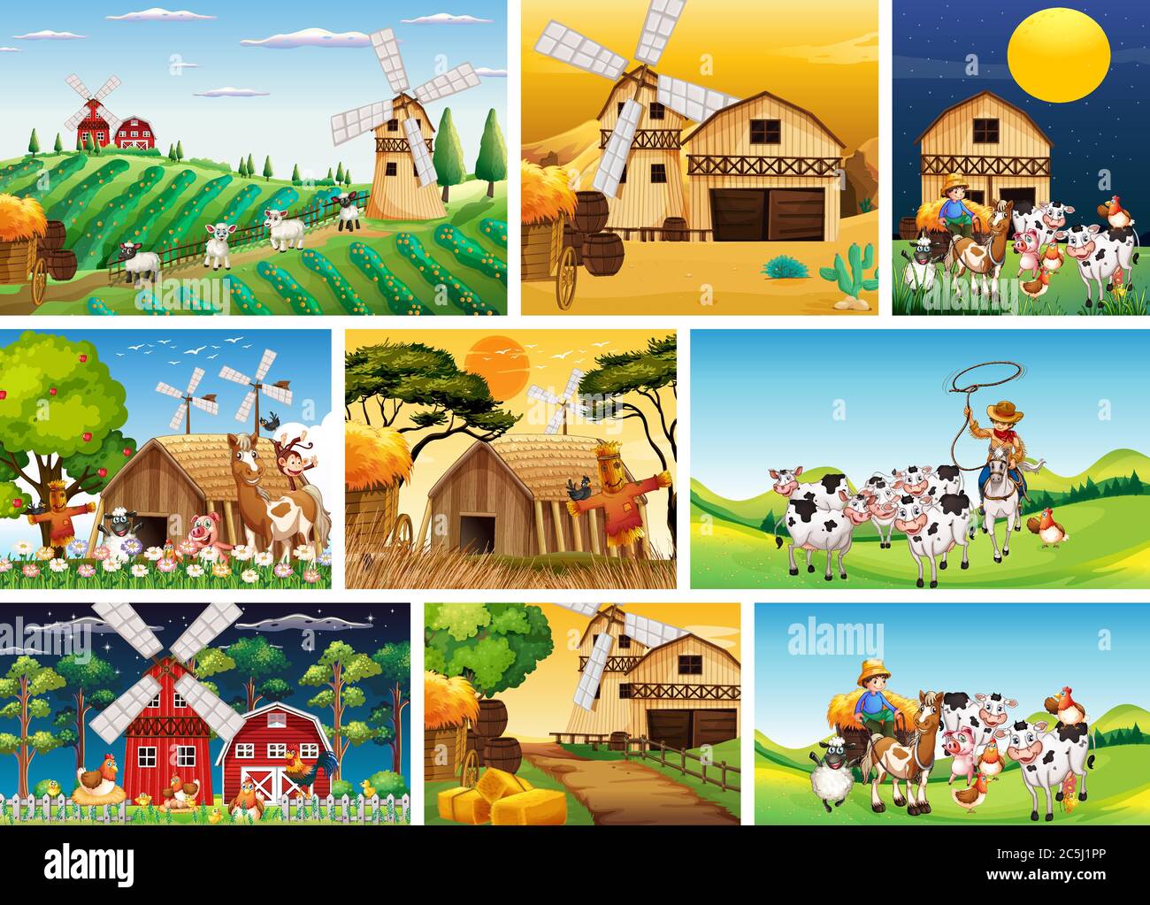Set of different farm scenes with animal farm cartoon style ...