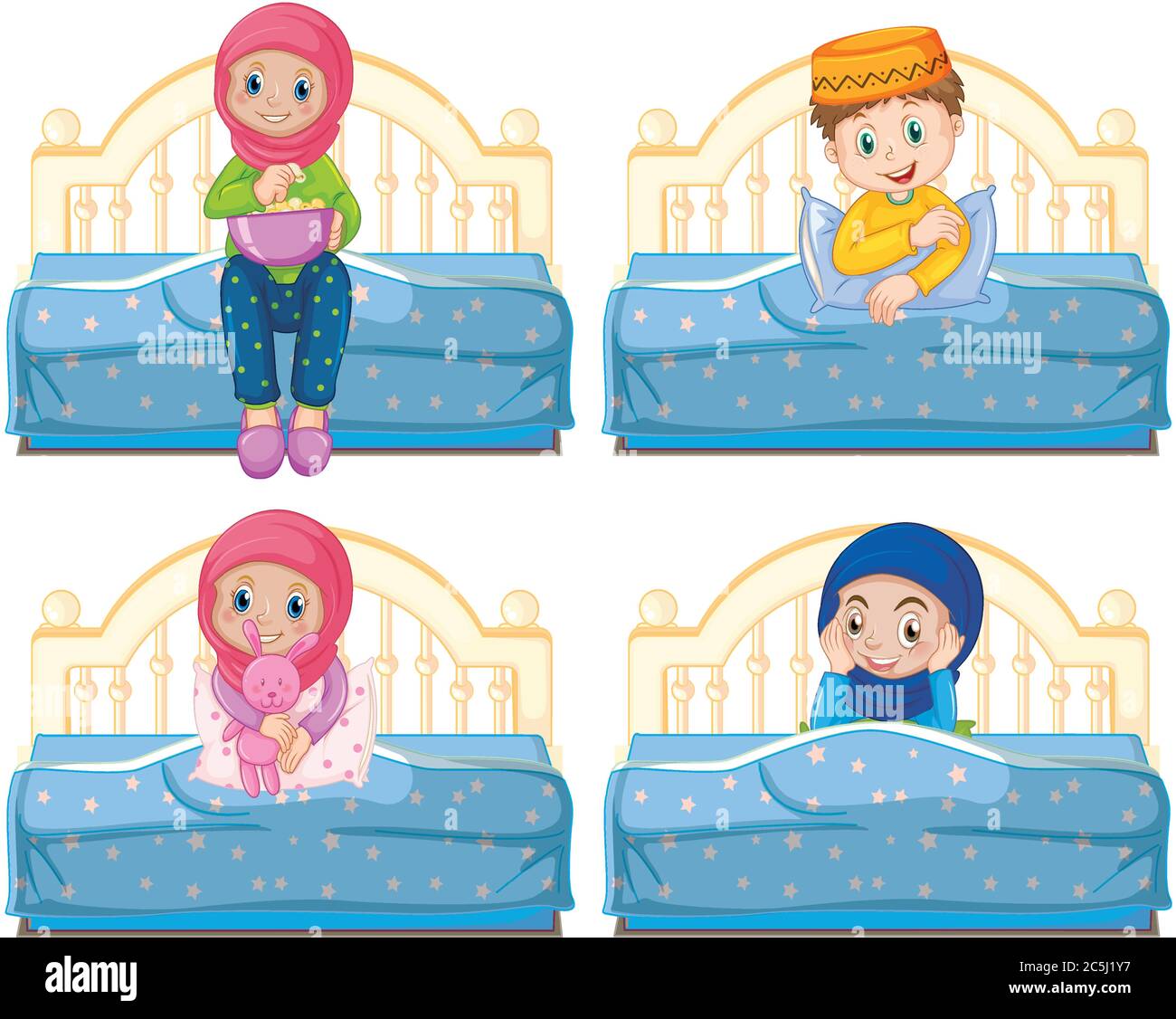 Set of arab muslim kids in traditional clothing sitting on a bed ...