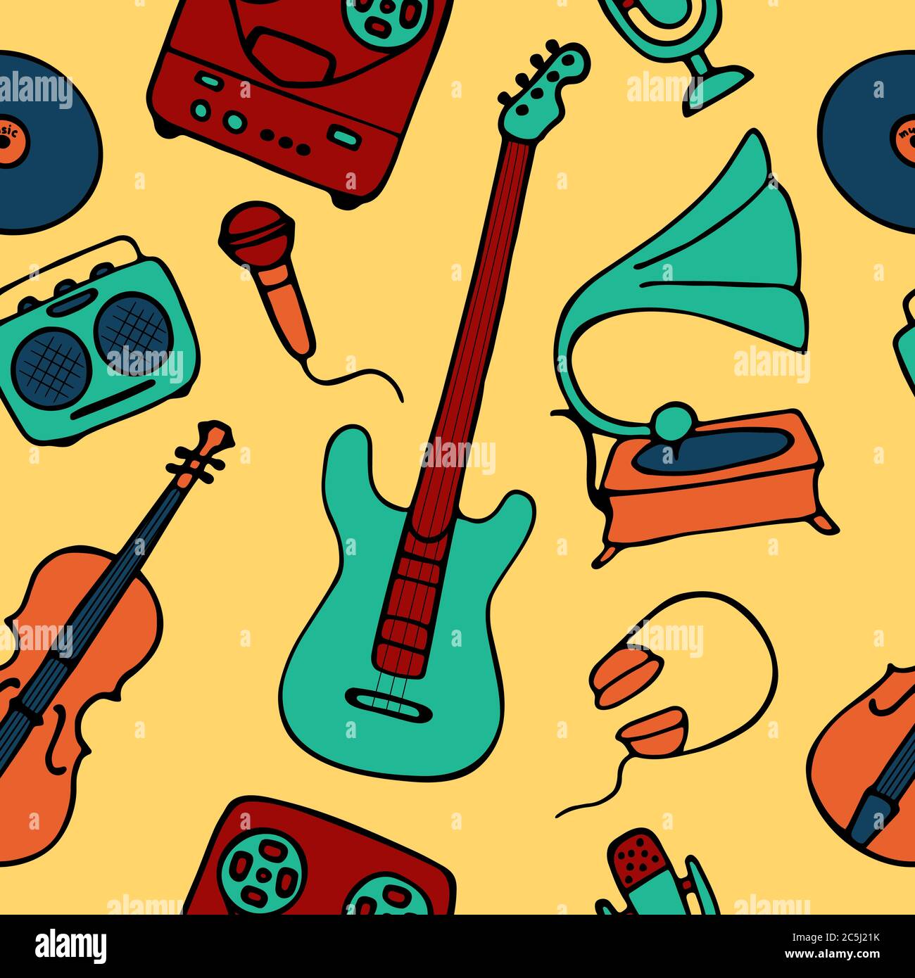 Musical pattern. Hand-drawn musical instruments icons. Seamless texture ...