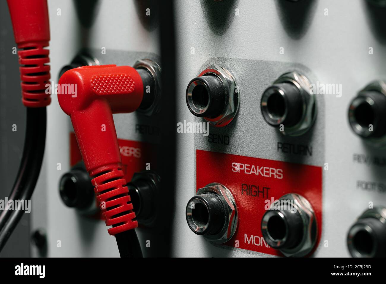 Rear panel of music system amplifier with wires Stock Photo - Alamy