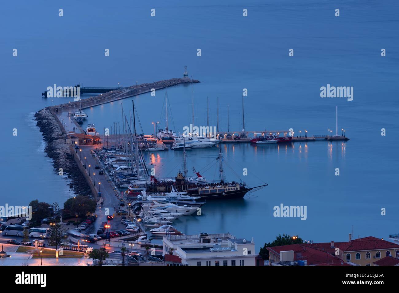 Aerial night view of Zakynthos (Zante) town. Beautiful cityscape ...