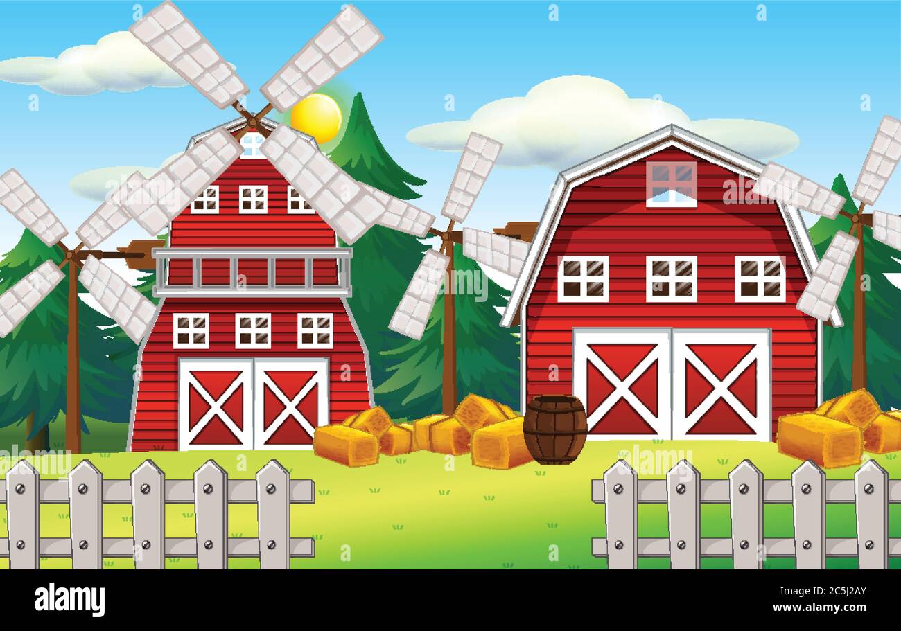 Farm scene in nature with barn and swamp illustration Stock Vector ...