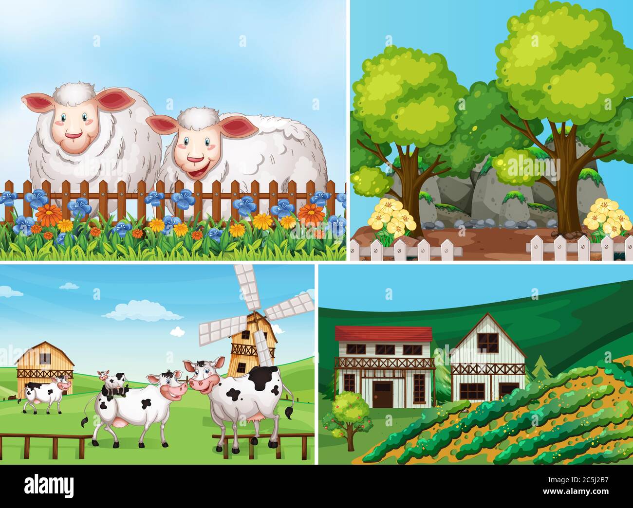 Set of different farm scenes with animal farm cartoon style ...