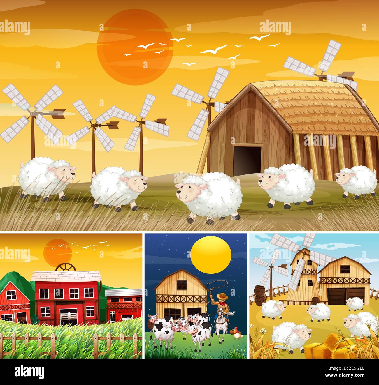 Set of different farm scenes with animal farm cartoon style ...