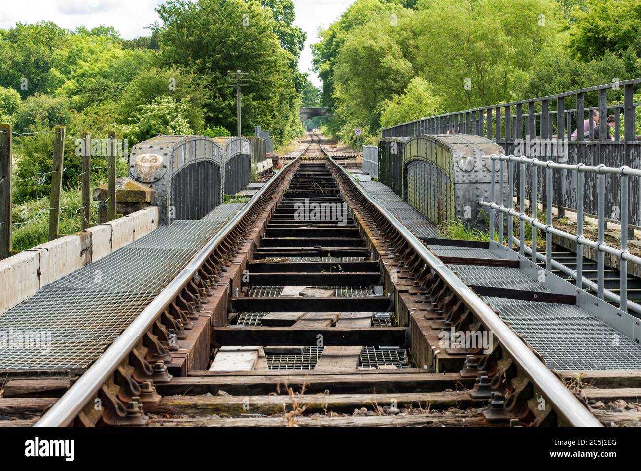 Detailed, low level view of a railway track seen spanning a wrought ...