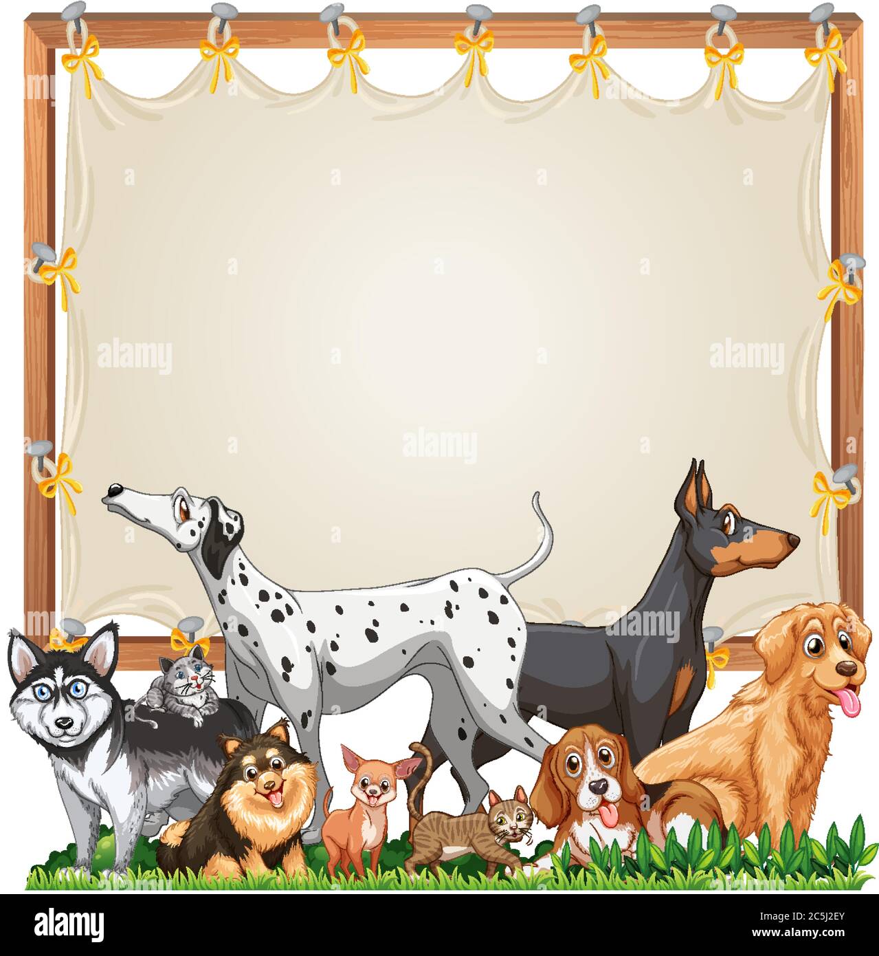 Canvas wooden frame template with cute dogs group isolated illustration ...
