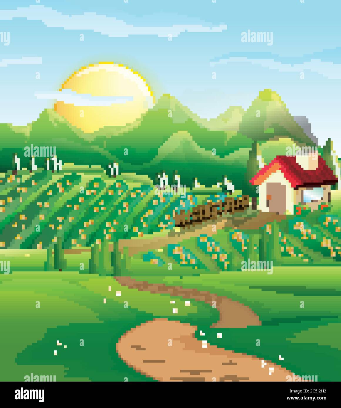 Farm in nature scene with little house and green farm illustration ...