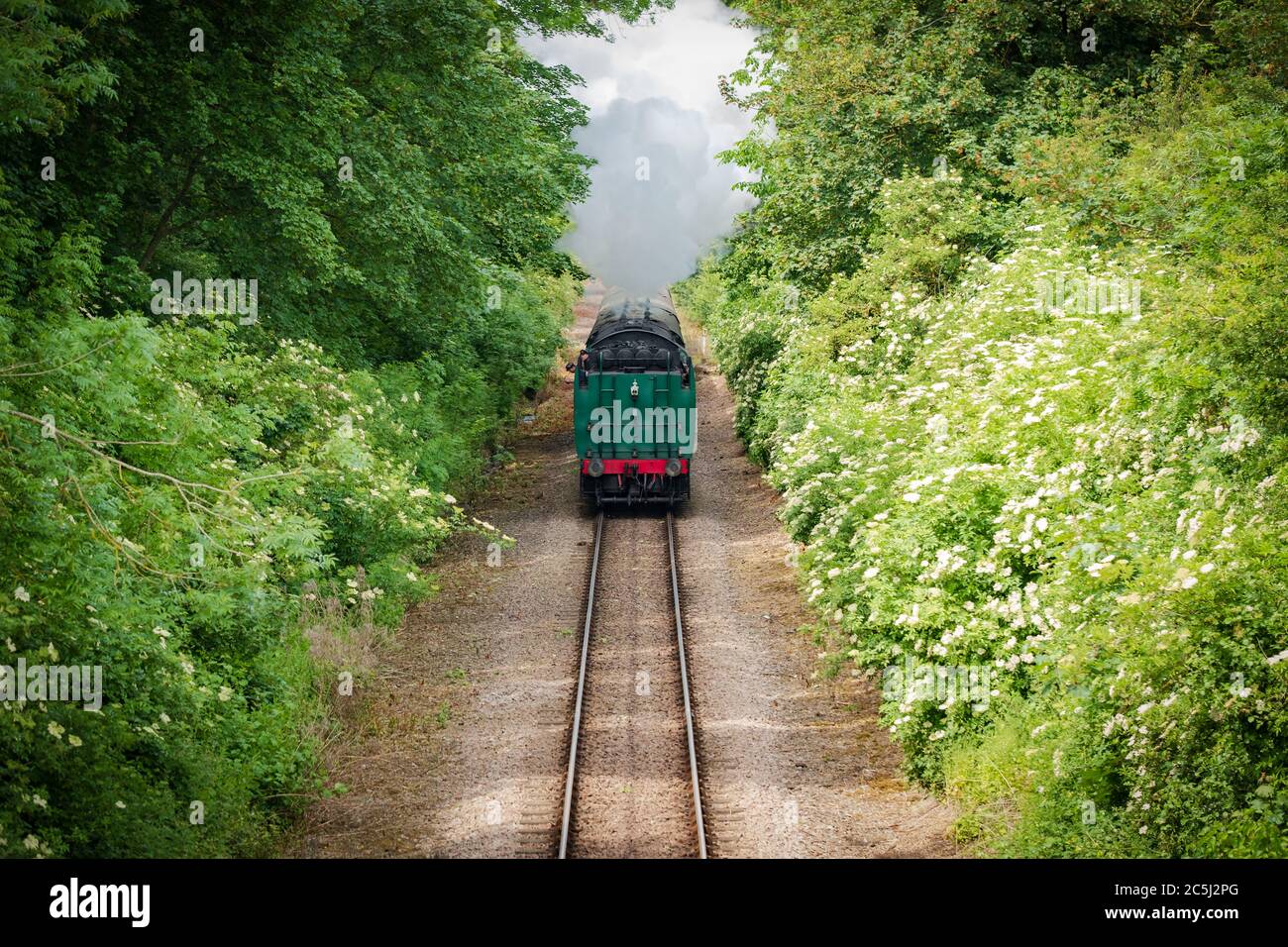 Fast approaching vintage steam locomotive with its coal tender seen ...